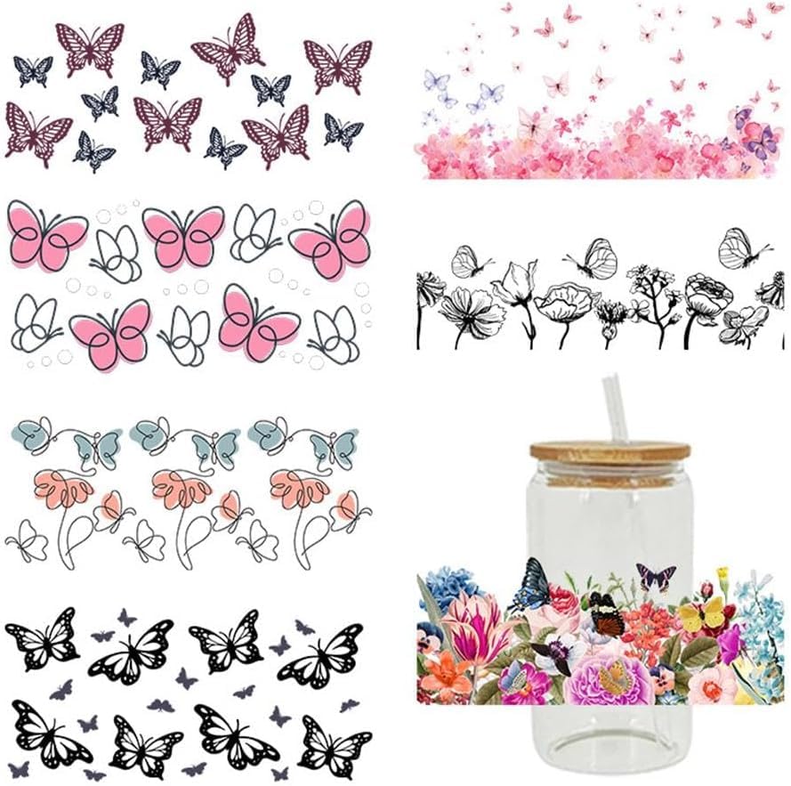 Pink UV DTF Cup Wrap, 1/7Sheets Flower Butterfly Coffee Cup Rub on Transfers for Glass Cups, UV DTF Cup Wrap Transfer Stickers Decals Waterproof Rub on Transfers for Glass Cups Crafts Vintage Iron-on