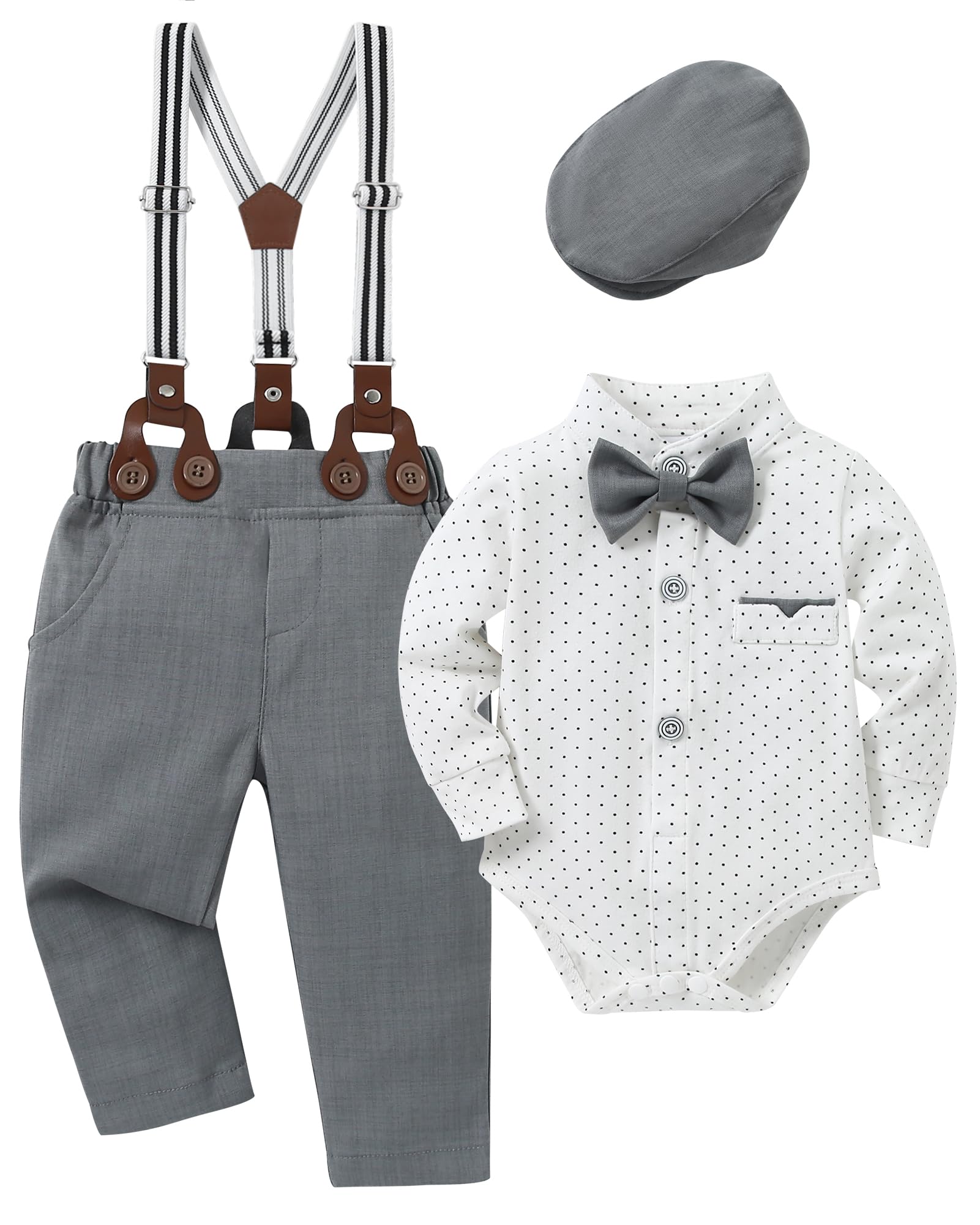 SOLOYEE Baby Boy Clothes Suits 6-9 Months Baby Boys Formal Wedding Outfits Long Sleeve Dress Shirt + Suspender Pants + Bowtie + Beret Gentleman Clothing Set (Grey, 6-9 Months)