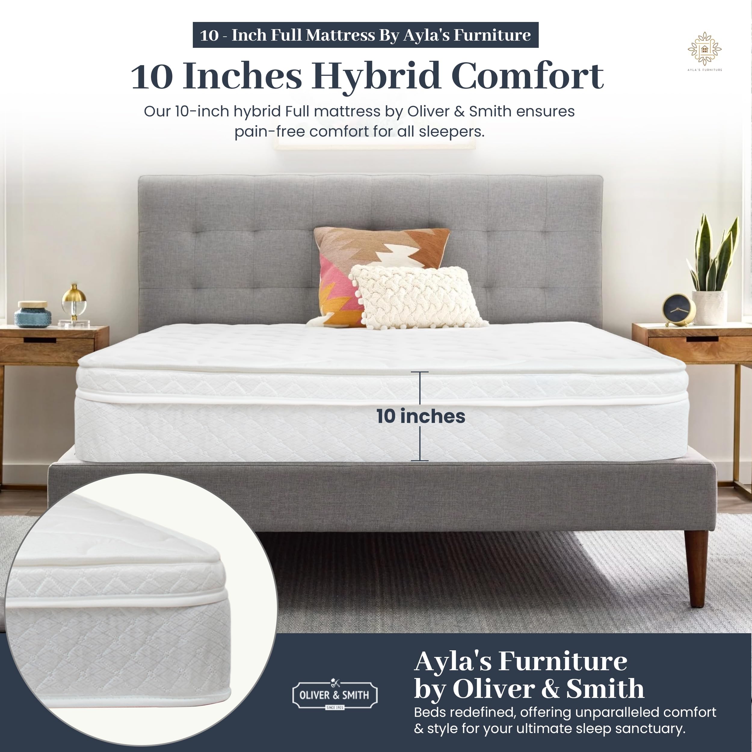Aylas Furniture Full Size Mattress - 10 Inch Hybrid Full Mattress with High Density & Comfort Cold Foam with Continuous Coil Bonnell Springs - Eco-Friendly, Breathable Medium Firm