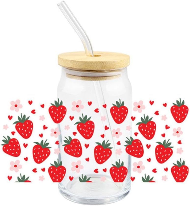 Strawberries UV DTF Cup Wrap Transfer Sticker for Glass Coffee Cups Fruits Theme Rub on Transfer Decals DIY Waterproof Clear Film Transfer Paper Mug Stickers for Crafting Stickers and Sticker Machines