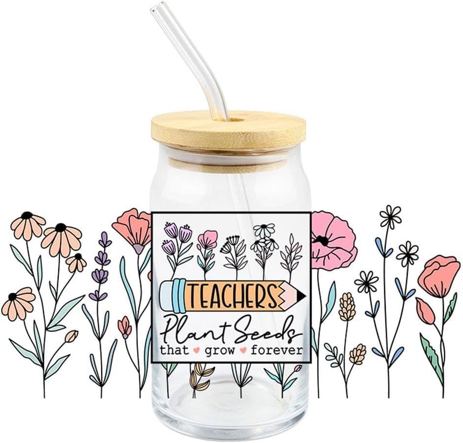 Flower UV DTF Cup Wrap Transfer Sticker Teacher's Day Theme Rub on Transfers for Crafting Waterproof Flower Pattern Decorative Decals for Glass Cups Stickers and Sticker Machines