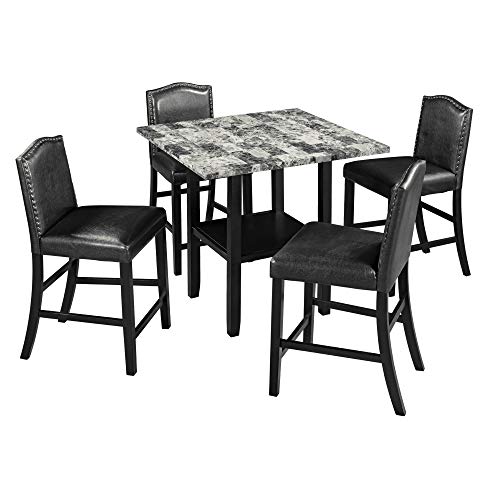 LIADTOP Counter Height Pub 5 Piece, Dining Set Marble Veneer Top Kitchen Bottom Shelf and 4 PU Leather Chair Table, Black+Gray