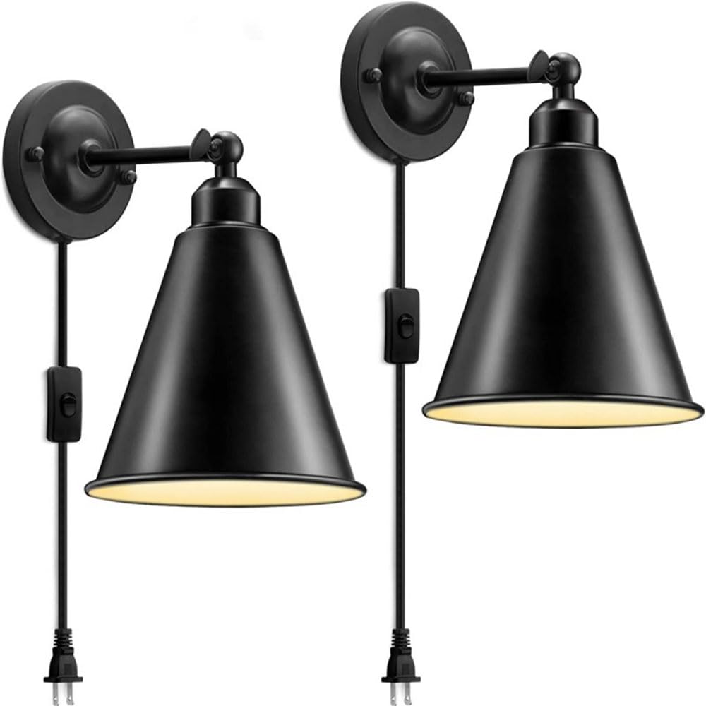 MODEBHD Swing Arm Wall Lamp Plug-in Cord Industrial Wall Sconce, Iron Black Finish,with On/Off Switch, E26/E27 Base,2pack Bedroom Wall Lights Fixtures,Bedside Reading Lamp