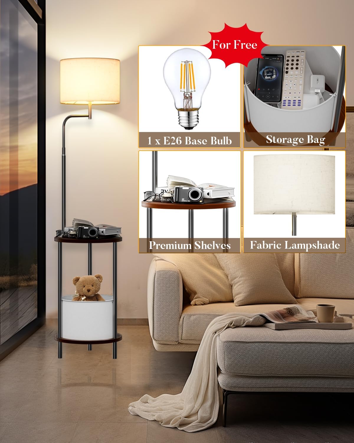 Lightdot 57IN Floor Lamp with Shelves, Mid Century Modern Standing Lamps with Bulb and Storage Bag Included, Black Pole End Table with Linen Lampshade for Living Room, Bedroom, Office-F