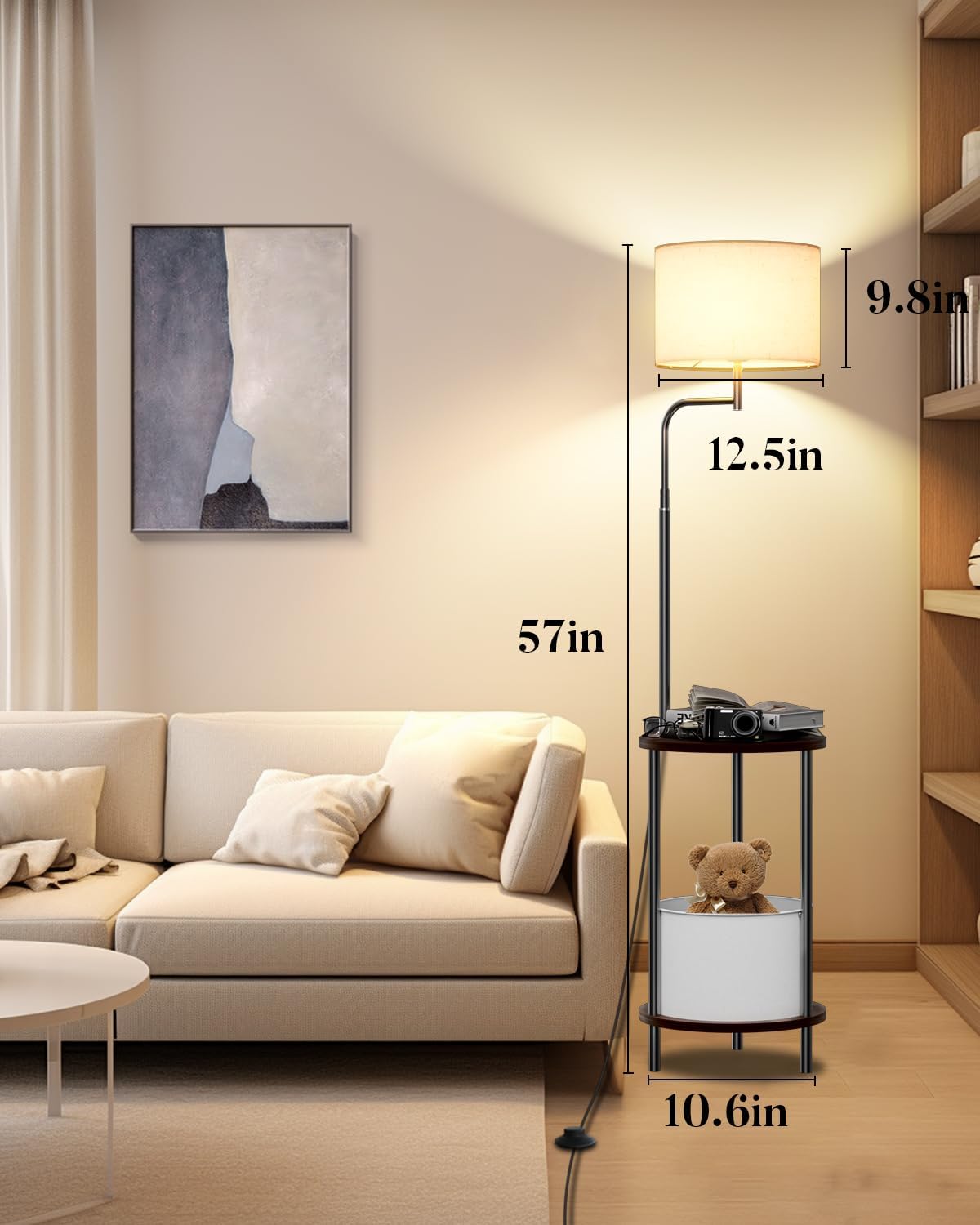 Lightdot 57IN Floor Lamp with Shelves, Mid Century Modern Standing Lamps with Bulb and Storage Bag Included, Black Pole End Table with Linen Lampshade for Living Room, Bedroom, Office-F