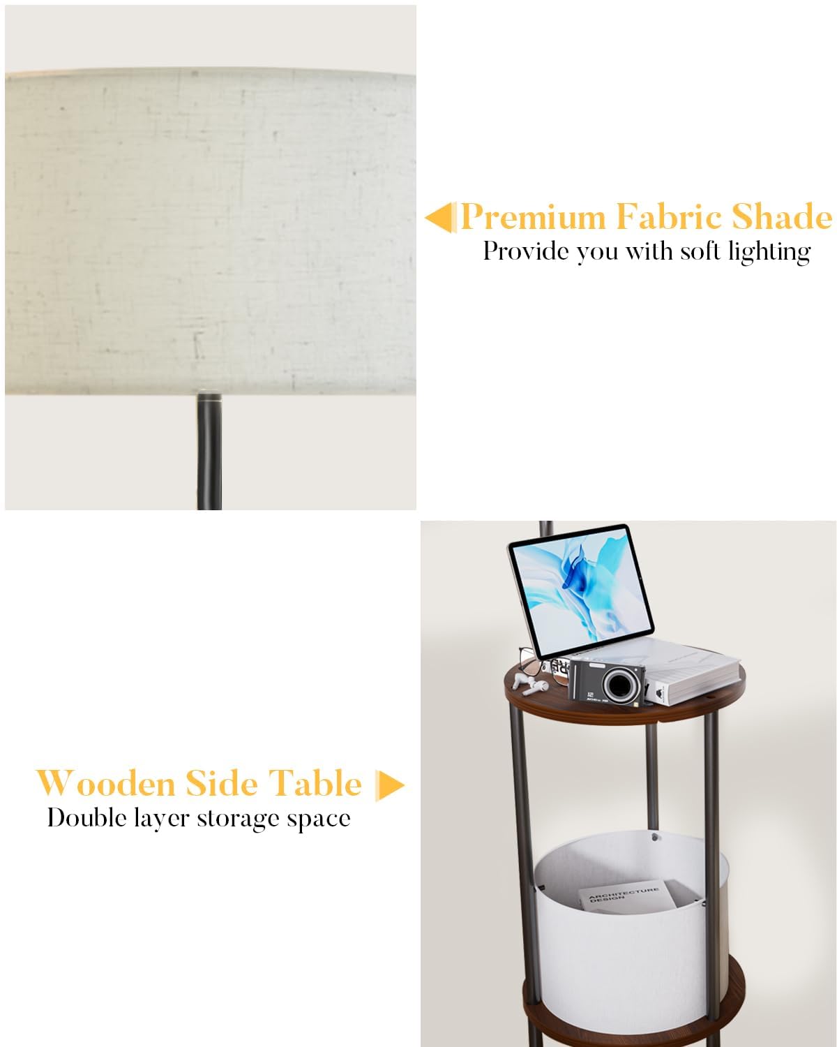 Lightdot 57IN Floor Lamp with Shelves, Mid Century Modern Standing Lamps with Bulb and Storage Bag Included, Black Pole End Table with Linen Lampshade for Living Room, Bedroom, Office-F