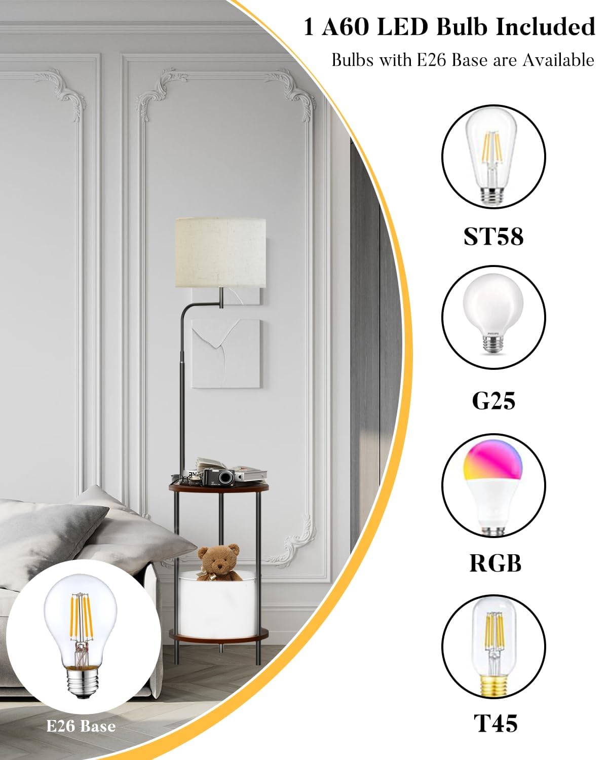 Lightdot 57IN Floor Lamp with Shelves, Mid Century Modern Standing Lamps with Bulb and Storage Bag Included, Black Pole End Table with Linen Lampshade for Living Room, Bedroom, Office-F