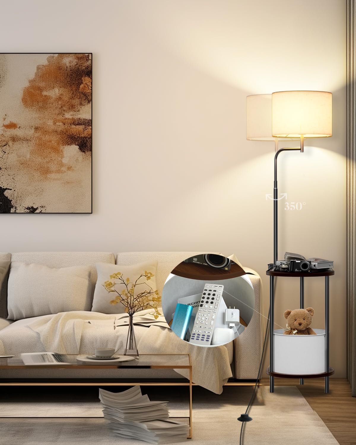 Lightdot 57IN Floor Lamp with Shelves, Mid Century Modern Standing Lamps with Bulb and Storage Bag Included, Black Pole End Table with Linen Lampshade for Living Room, Bedroom, Office-F