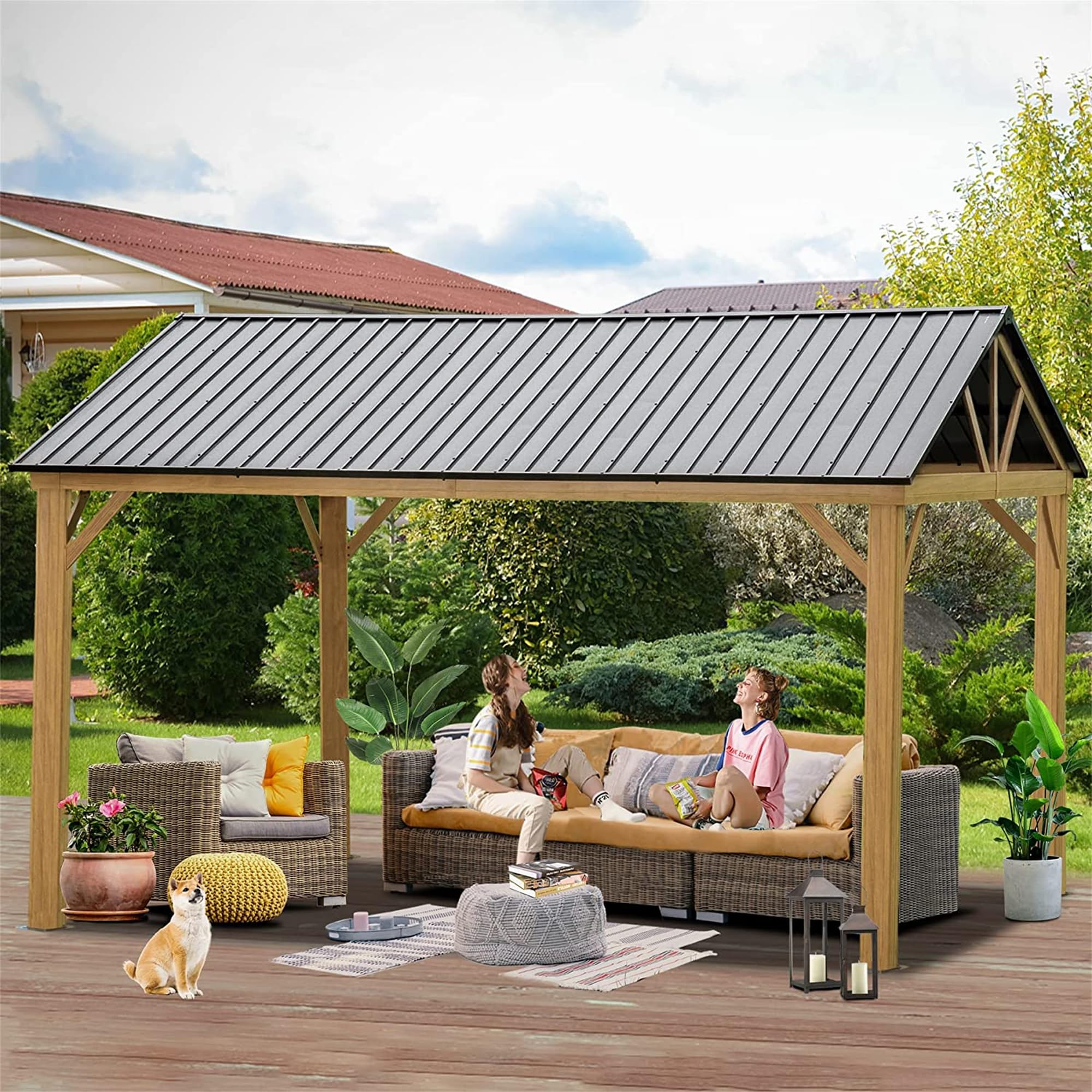 12x14Ft Hardtop Gazebo Heavy Duty Gable Roof Gazebos Outdoor Aluminum Frame Gazebo with Galvanized Steel Gable Roof Canopy for Patio Decks Backyard, Yellow-Brown