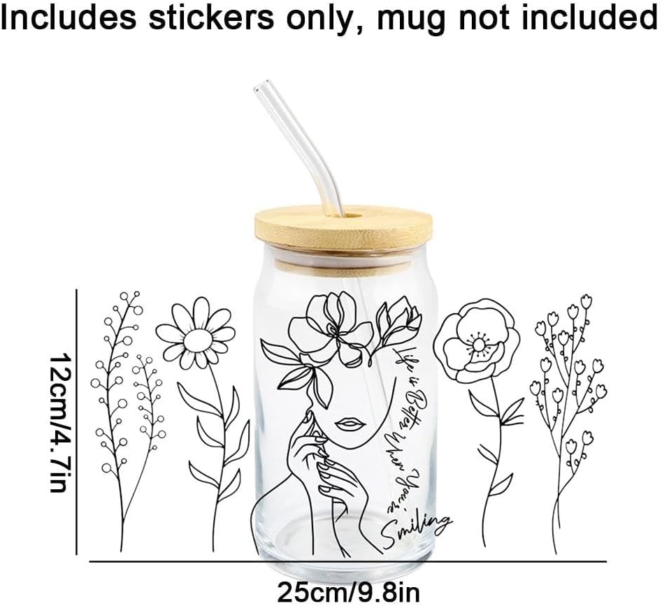 Flower UV DTF Transfer Sticker Waterproof UV DTF Cup Wrap Rub on Transfer Stickers Decals for Glass Cups Coffee Cup Crafting Furniture Iron-on Transfers