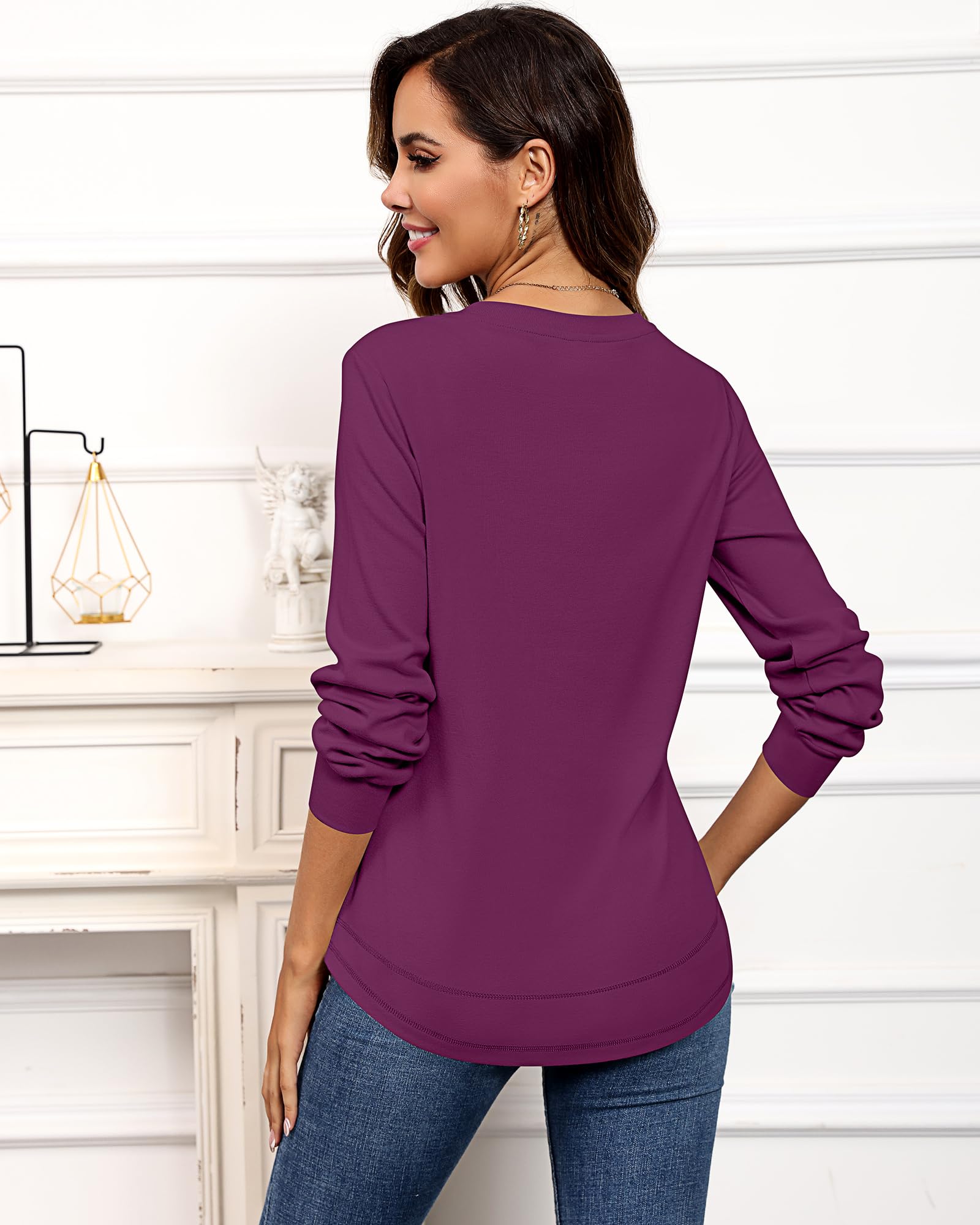 Riyiper 2 Pack Women's Crew Neck Sweatshirts, Long Sleeve Casual Shirts Loose Fit Cotton Tunic Tops Basic Soft Cute Pullover(Large,Dark Blue, Fuchsia)