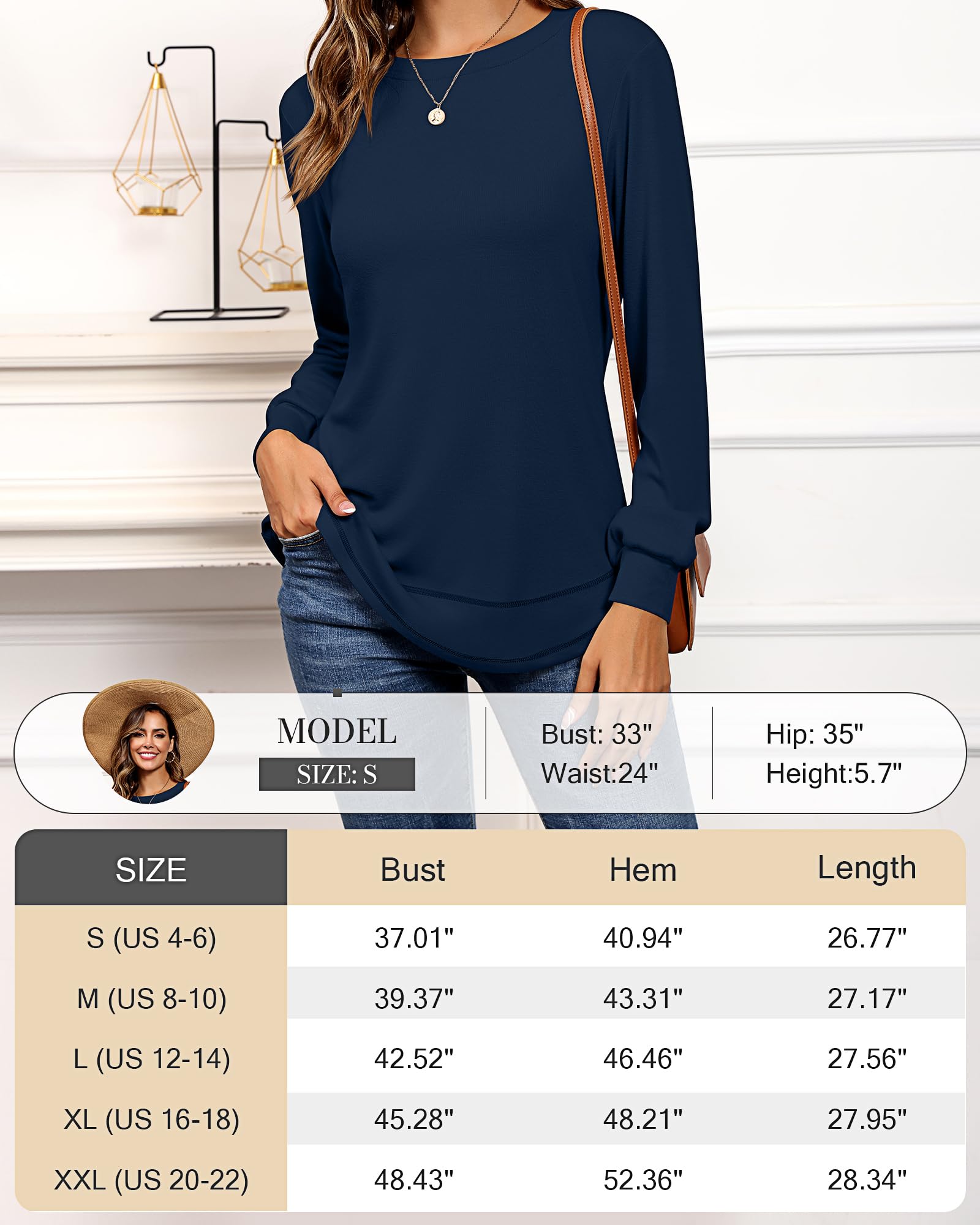 Riyiper 2 Pack Women's Crew Neck Sweatshirts, Long Sleeve Casual Shirts Loose Fit Cotton Tunic Tops Basic Soft Cute Pullover(Large,Dark Blue, Fuchsia)