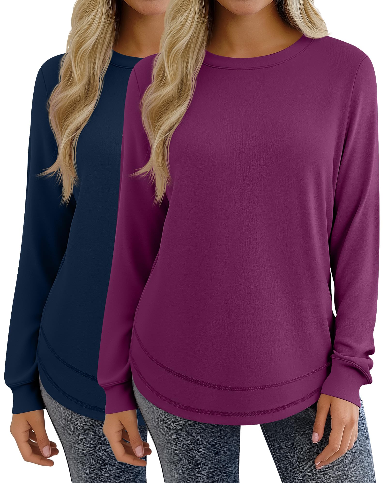 Riyiper 2 Pack Women's Crew Neck Sweatshirts, Long Sleeve Casual Shirts Loose Fit Cotton Tunic Tops Basic Soft Cute Pullover(Large,Dark Blue, Fuchsia)
