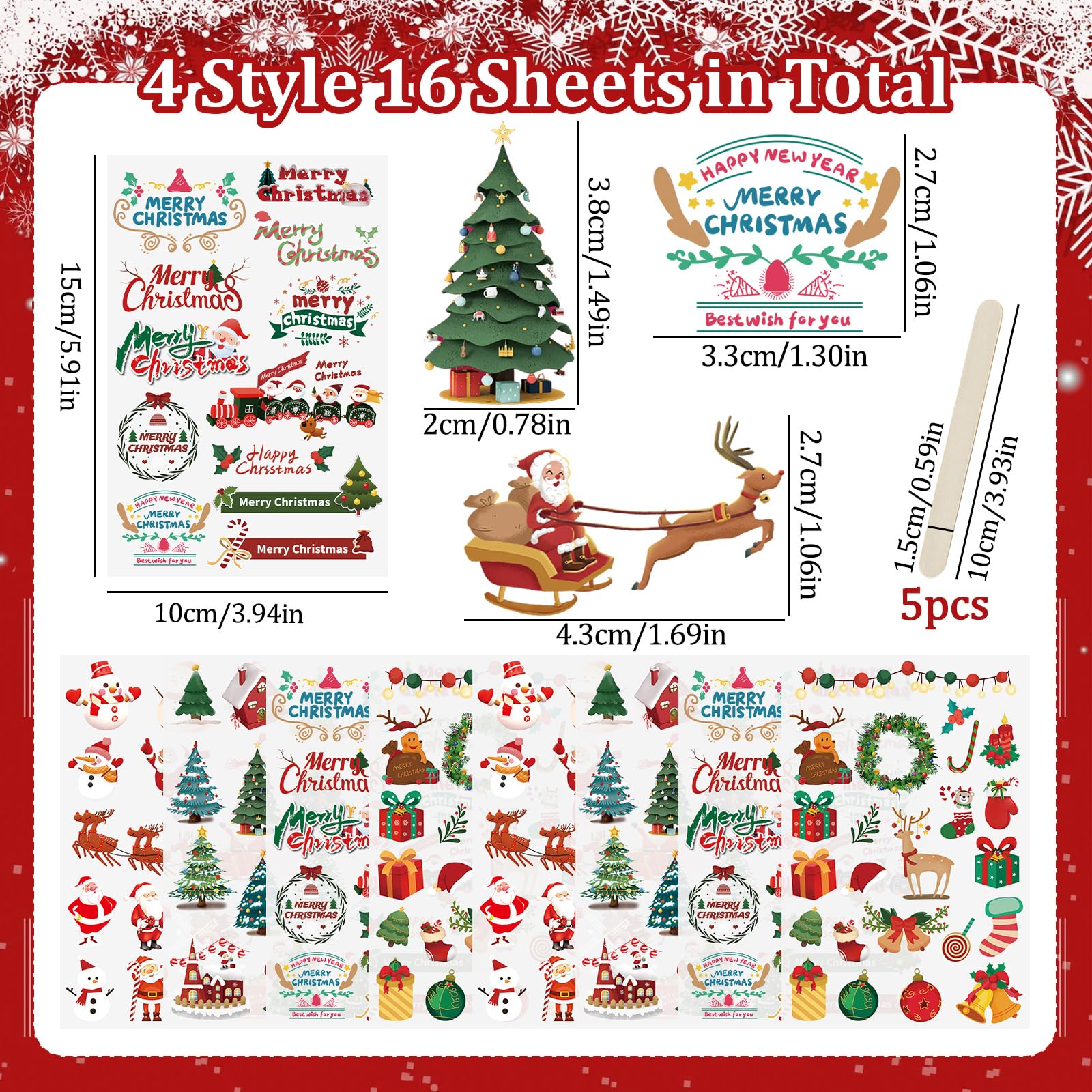 WANDIC 16 Sheets Rub On Transfer Stickers, Christmas Theme Stickers Aesthetic Decor Transfer Stickers for Scrapbook Journal Planner Album,4 * 6in