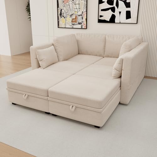 ANZEHOME 110" Sectional Sofa Couch for Living Room, Modern Modular U-Shape Sofa with Storage Seats & Reversible Chaise & Adjustable Backrest Armrest, 6 Seat Convertible Sofa for Home Office (Beige)