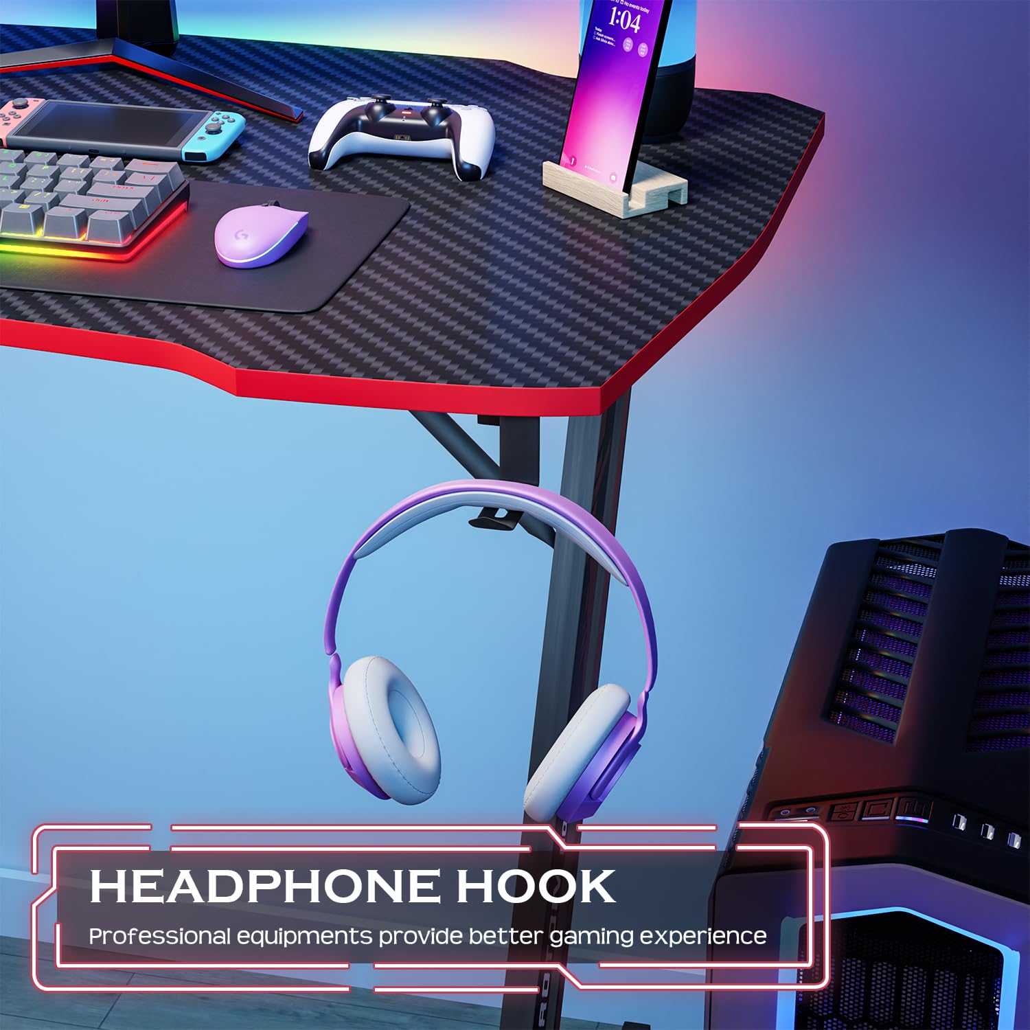 PayLessHere 35 Inch Modern Z-Shaped Gaming Desk Computer Desk for Home Office with Headphone Hook - Sturdy Workstation Table with Spacious Desktop,Red