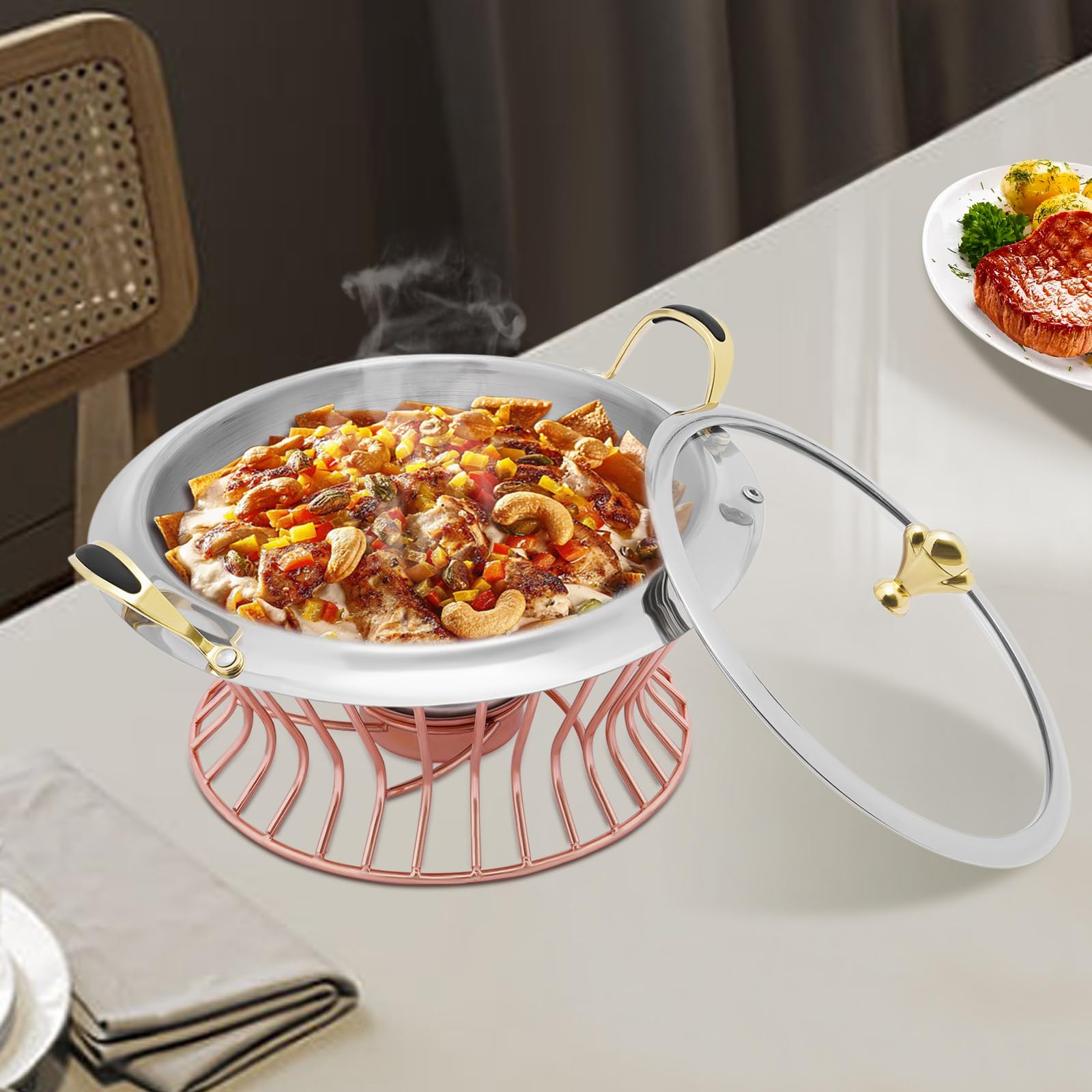 Leblett 2L/2.11Qt Round Stainless Steel Chafing Dish,Buffet Catering Meal Stove,Buffet Warmer with Fuel Holder,Red Copper