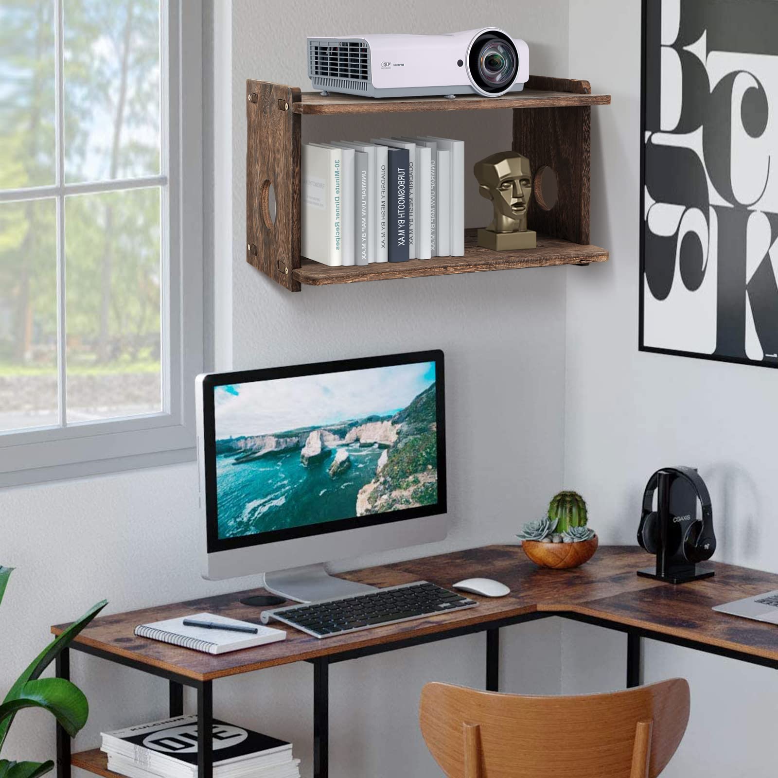 BEARUT 1 Projector & Router Wall Mount Floating Shelf, Traditional Style, Wooden, 14.8" x 7.1" x 9.4"