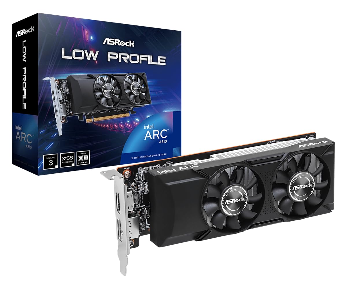 ASRock Low Profile Arc A310 4GB GDDR6 PCI Express 4.0 ITX Video Card A310 LP 4G 64-bit 0dB Silent Cooling Super Alloy Graphics Card 7680 x 4320 450W 15.5 Gbps