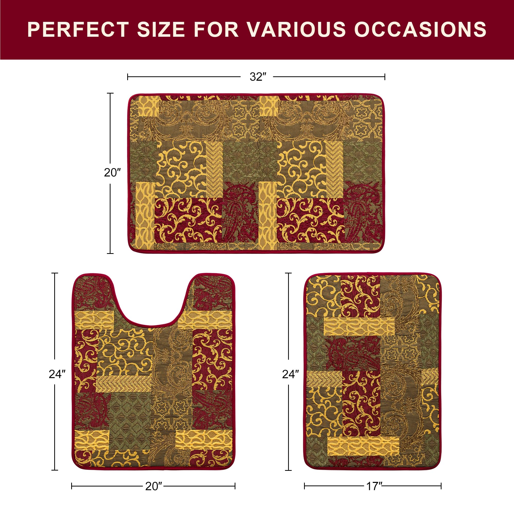 Loom and Mill Luxury Bathroom Rug Set 3 Pieces, Thick Chenille Memory Foam Bath Rugs Non Slip Absorbent Washable Bath Mats Set with U Shaped Toilet Mat for Bathroom, Toilet, Bedroom, Kitchen(Red&Gold)