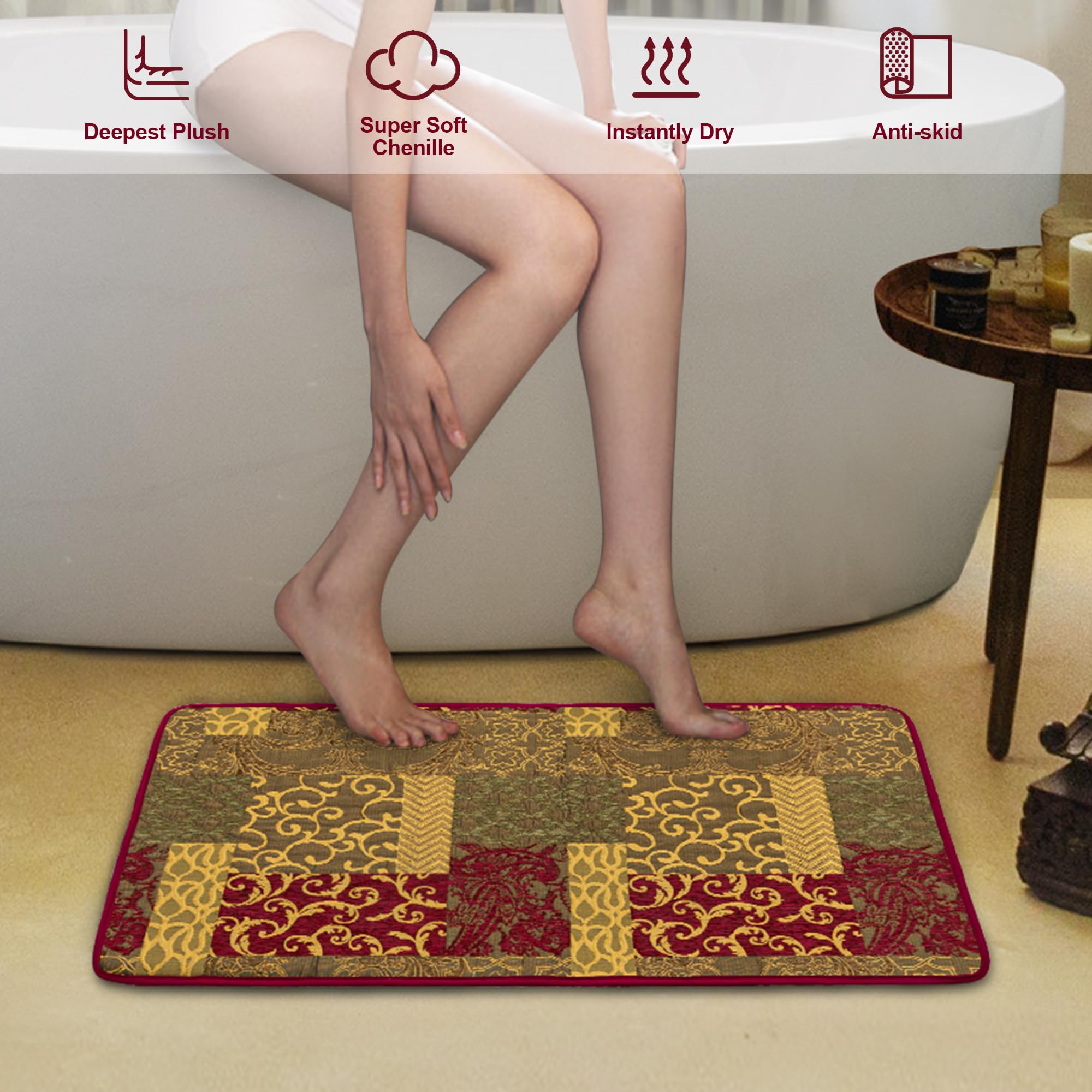 Loom and Mill Luxury Bathroom Rug Set 3 Pieces, Thick Chenille Memory Foam Bath Rugs Non Slip Absorbent Washable Bath Mats Set with U Shaped Toilet Mat for Bathroom, Toilet, Bedroom, Kitchen(Red&Gold)