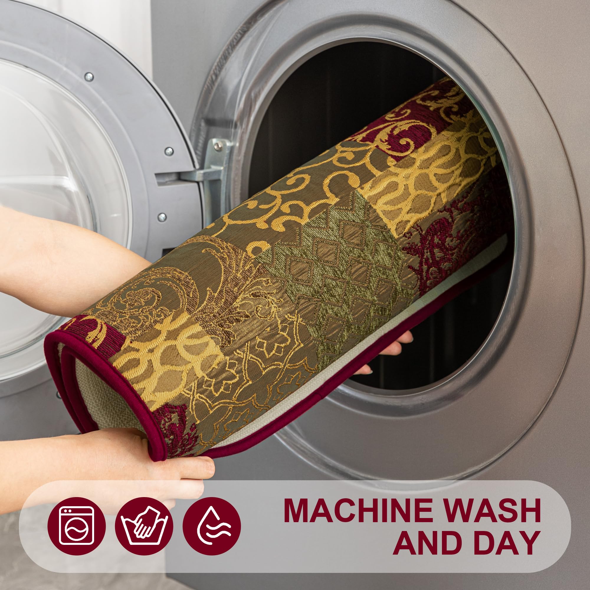 Loom and Mill Luxury Bathroom Rug Set 3 Pieces, Thick Chenille Memory Foam Bath Rugs Non Slip Absorbent Washable Bath Mats Set with U Shaped Toilet Mat for Bathroom, Toilet, Bedroom, Kitchen(Red&Gold)