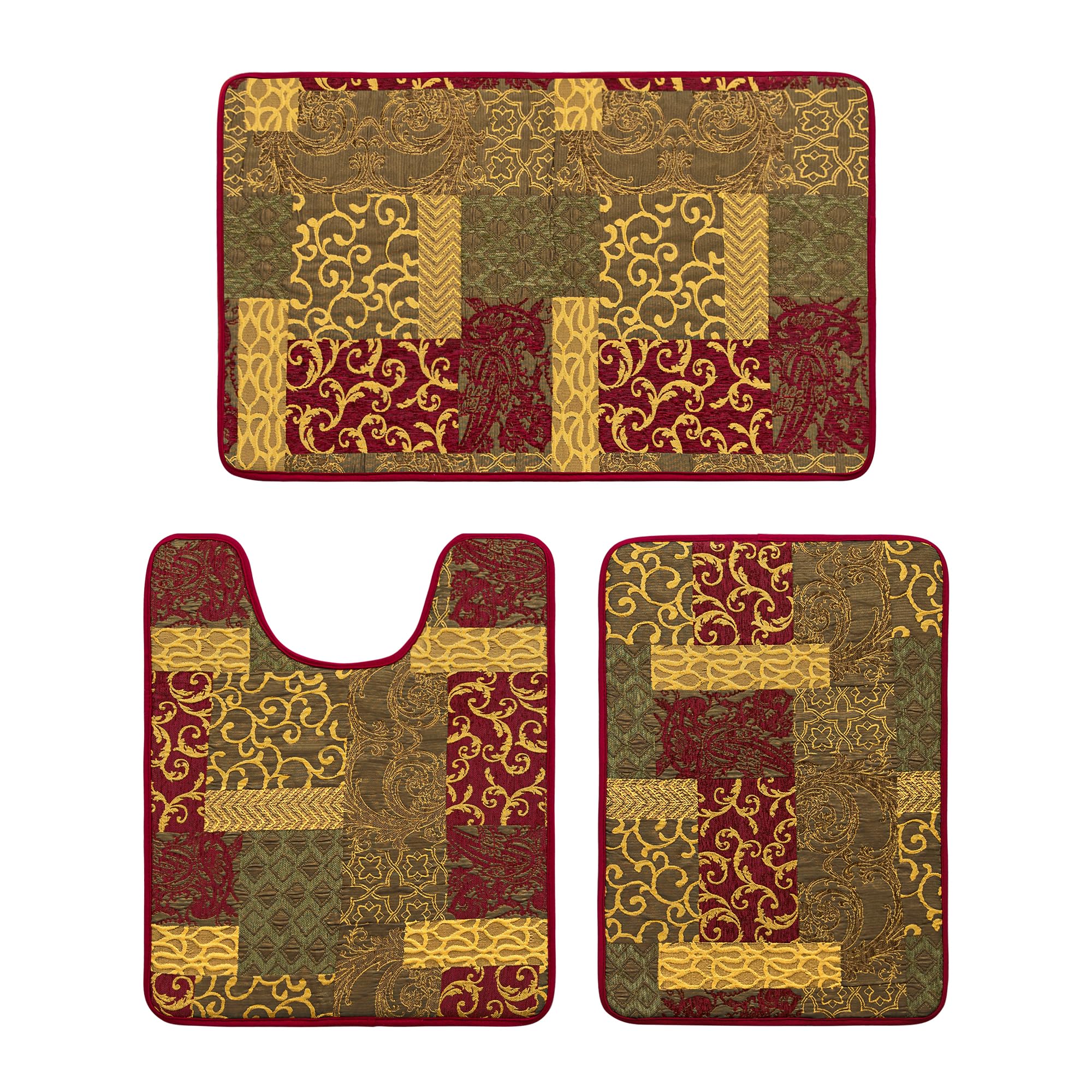 Loom and Mill Luxury Bathroom Rug Set 3 Pieces, Thick Chenille Memory Foam Bath Rugs Non Slip Absorbent Washable Bath Mats Set with U Shaped Toilet Mat for Bathroom, Toilet, Bedroom, Kitchen(Red&Gold)