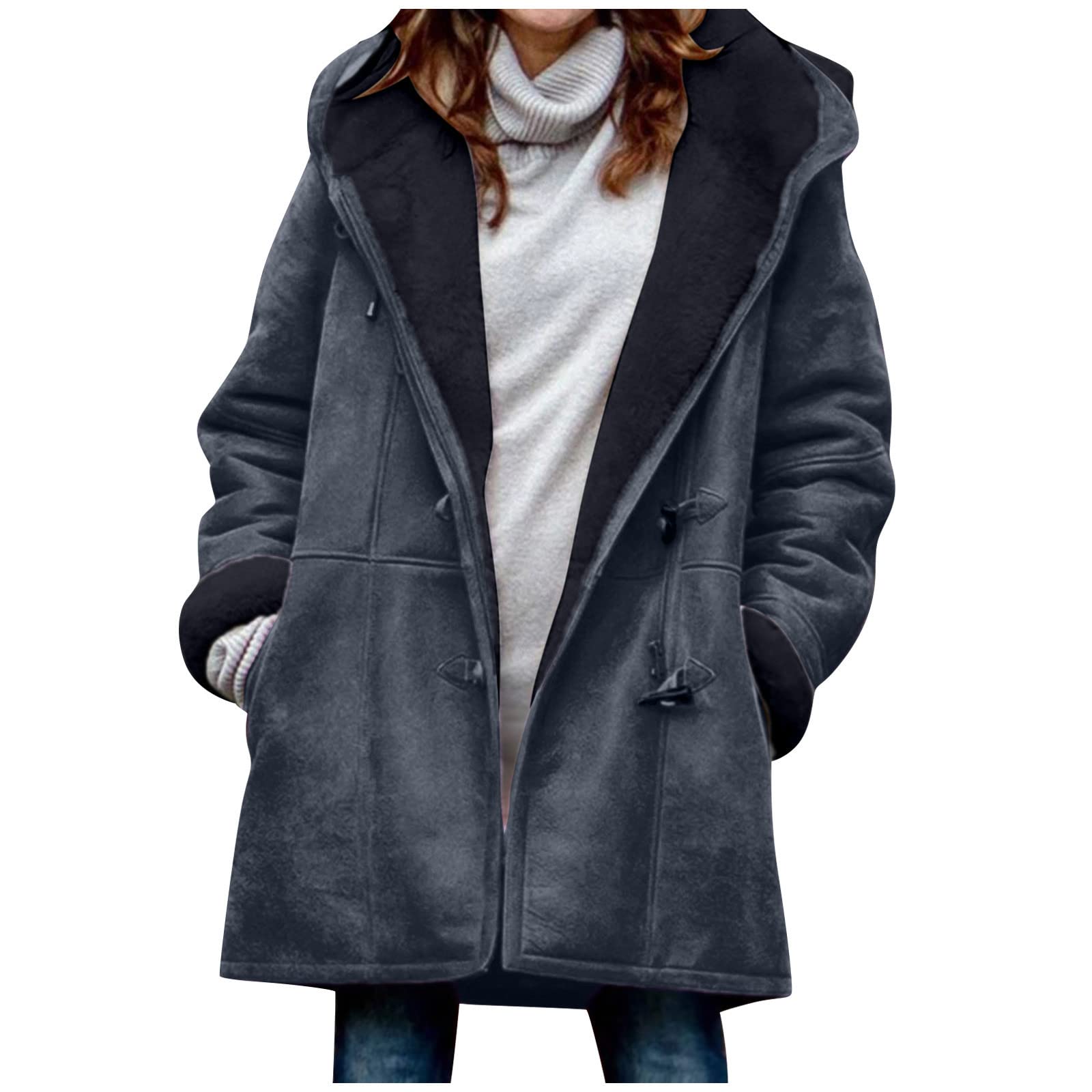 Plus Size Winter Coats for Women 2024 Warm Sherpa Fleece Lined Distressed Jackets Hooded Parka Faux Suede Pea Coat Outerwear, plus size winter coats for women plus size coats for women 3x, Navy XL