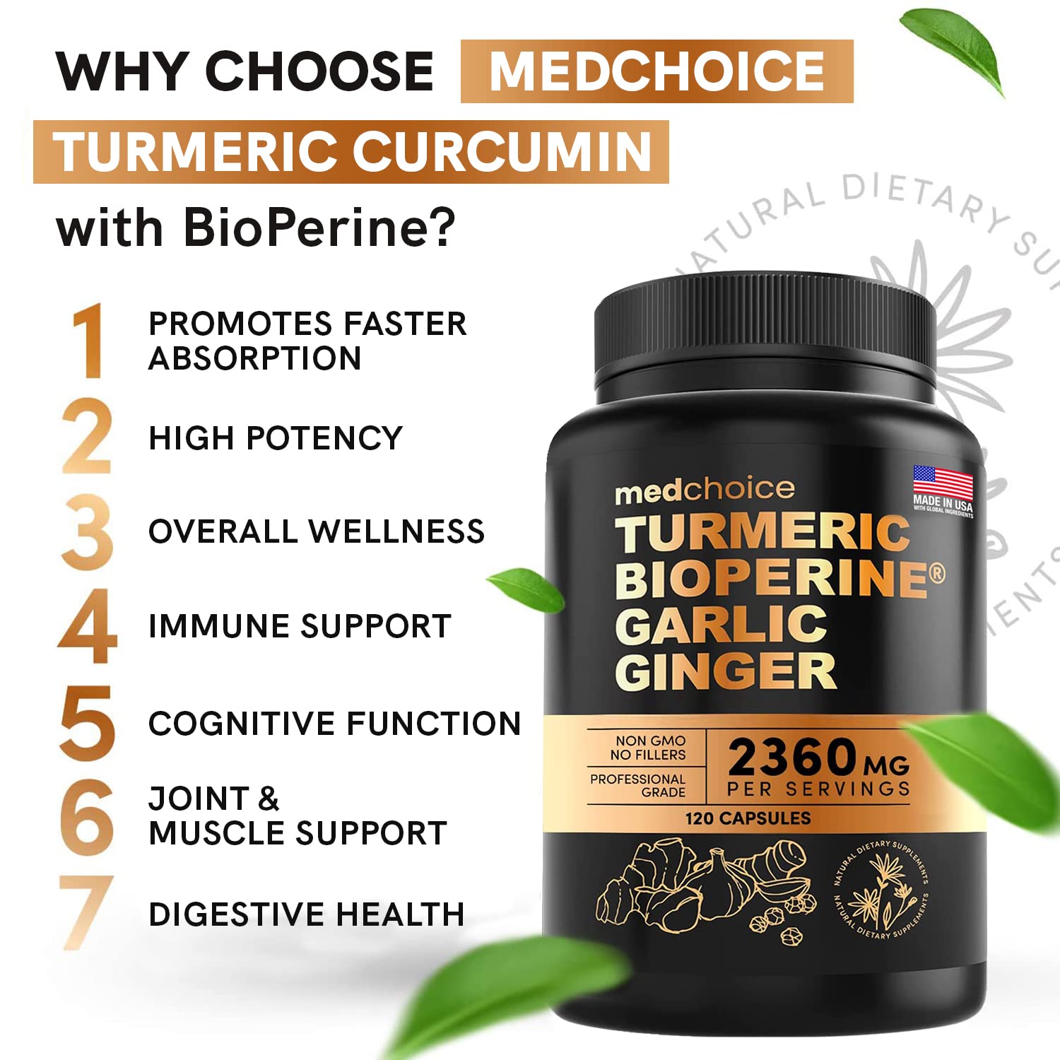 MEDCHOICE Sleep Melatonin (180ct), Turmeric & Ginger (240ct), and Nootropic Brain (120ct) Supplement Bundle - Wellness Trio for Brain, Sleep, & Immune Support - Vegan, Non-GMO, Gluten-Free