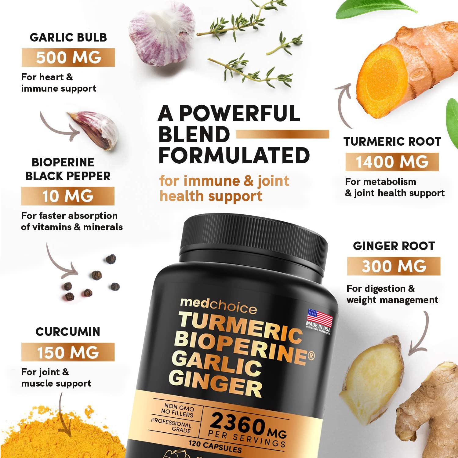 MEDCHOICE Sleep Melatonin (180ct), Turmeric & Ginger (240ct), and Nootropic Brain (120ct) Supplement Bundle - Wellness Trio for Brain, Sleep, & Immune Support - Vegan, Non-GMO, Gluten-Free