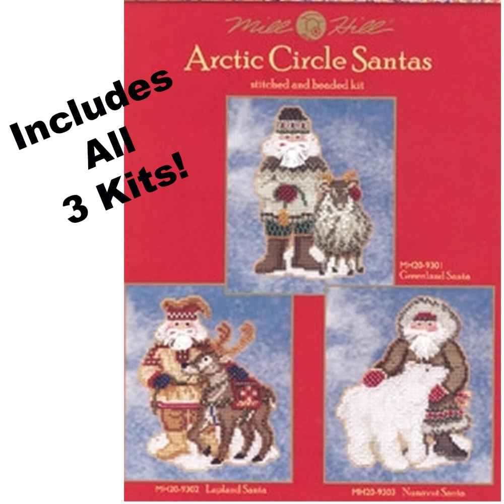Mill Hill Arctic Circle Santa Set (2009) Set of 3 Beaded Cross Stitch Kits Including Greenland, Lapland and Nunavut Santas, Plus Decorative 'Needleworker' Sticker