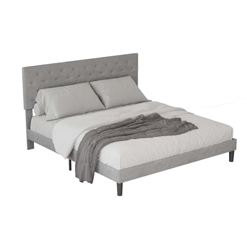 OTRIEK Queen Size Modern Deluxe Platform Bed Frame Button Tufted Fabric Upholstered Bed Frame with Adjustable Headboard/Strong Wood Slats Support/Mattress Foundation/Easy Assembly, Grey (Queen)