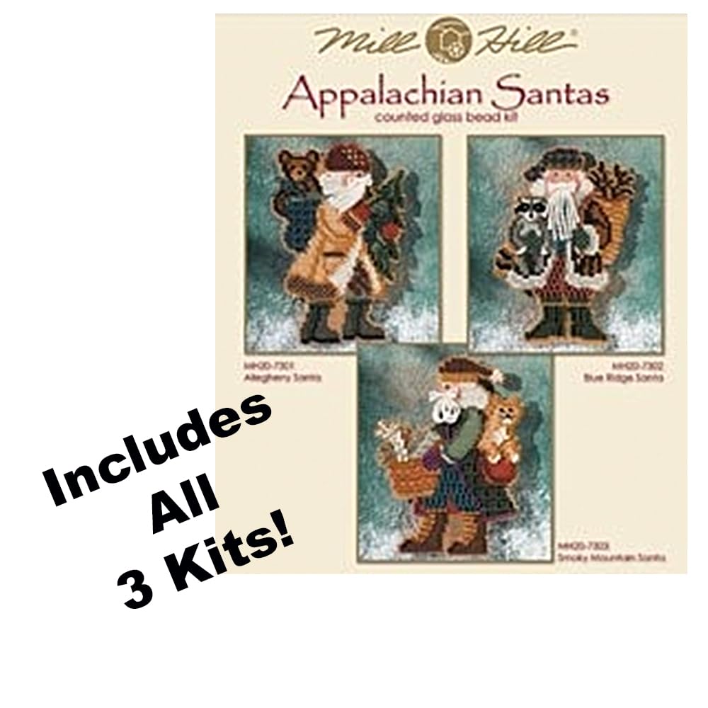 Mill Hill Appalachian Santa Set (2007) Set of 3 Beaded Cross Stitch Kits Including Allegheny, Blue Ridge and Smoky Mountain Santas, Plus Decorative 'Needleworker' Sticker