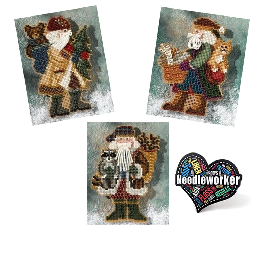 Mill Hill Appalachian Santa Set (2007) Set of 3 Beaded Cross Stitch Kits Including Allegheny, Blue Ridge and Smoky Mountain Santas, Plus Decorative 'Needleworker' Sticker