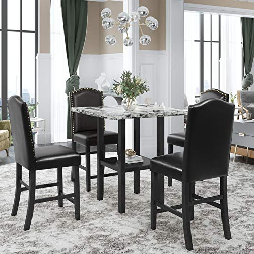 TARTOP Set 5 Piece Matching Bottom Shelf for Dining Room, Faux Marble Kitchen 4 Persons,Black Chair+Gray Table