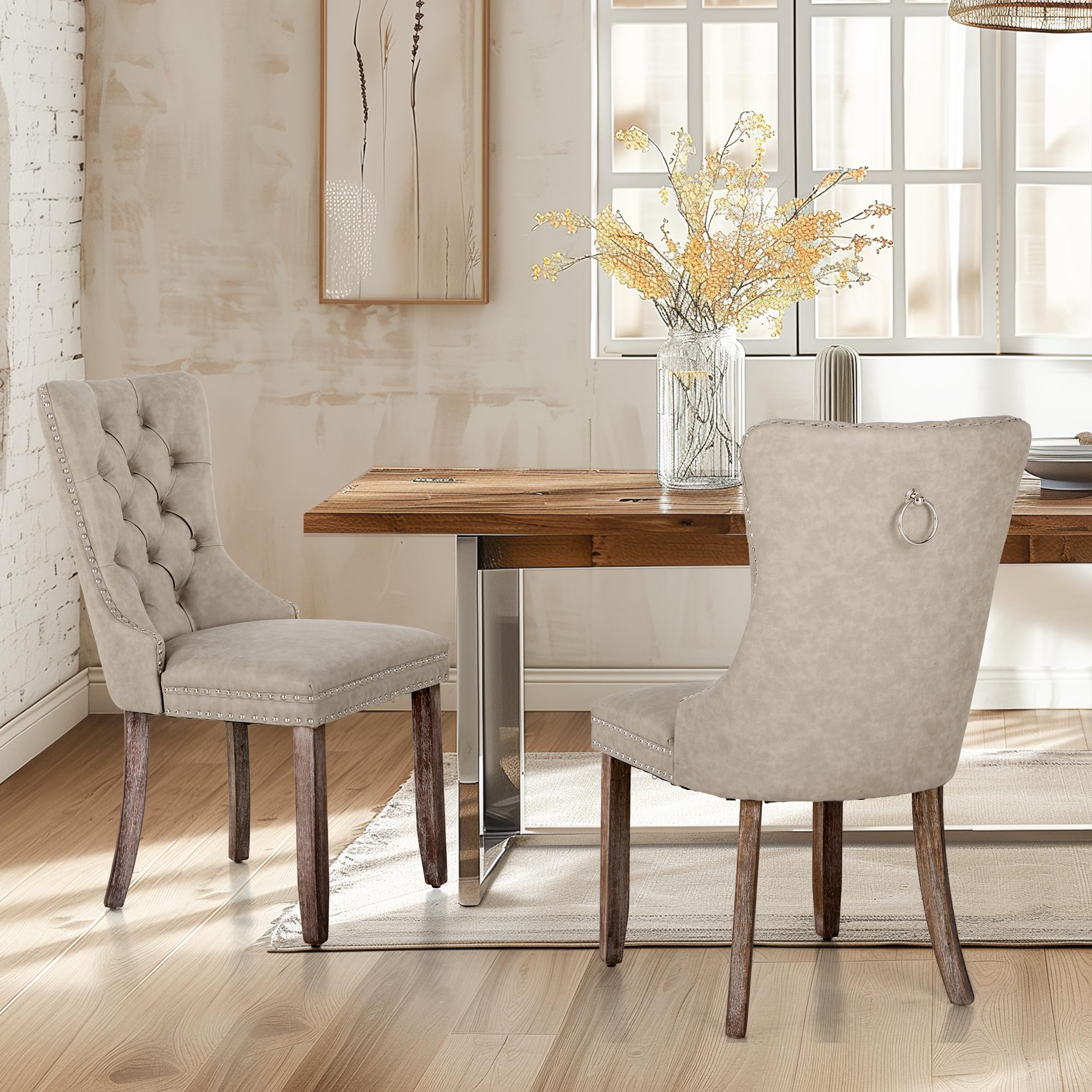 ALPHA HOME Dining Chairs Set of 2, Upholstered Dining Room Chairs, Tufted Kitchen Chairs with Solid Wood Legs and Tall Backrest, Fabric Padded Parson Chairs, Beige