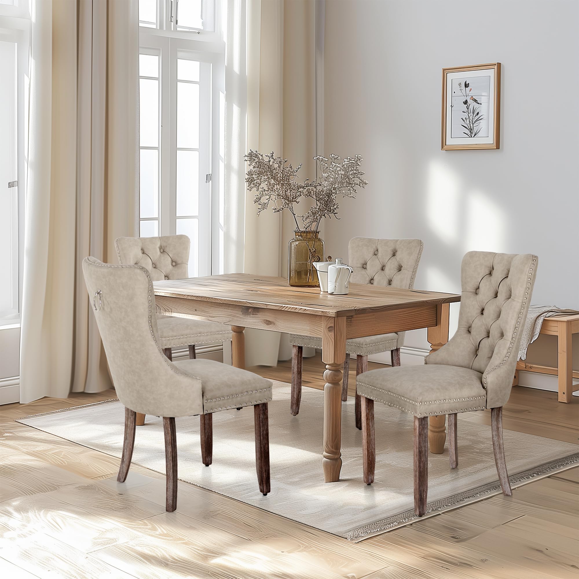 ALPHA HOME Dining Chairs Set of 2, Upholstered Dining Room Chairs, Tufted Kitchen Chairs with Solid Wood Legs and Tall Backrest, Fabric Padded Parson Chairs, Beige