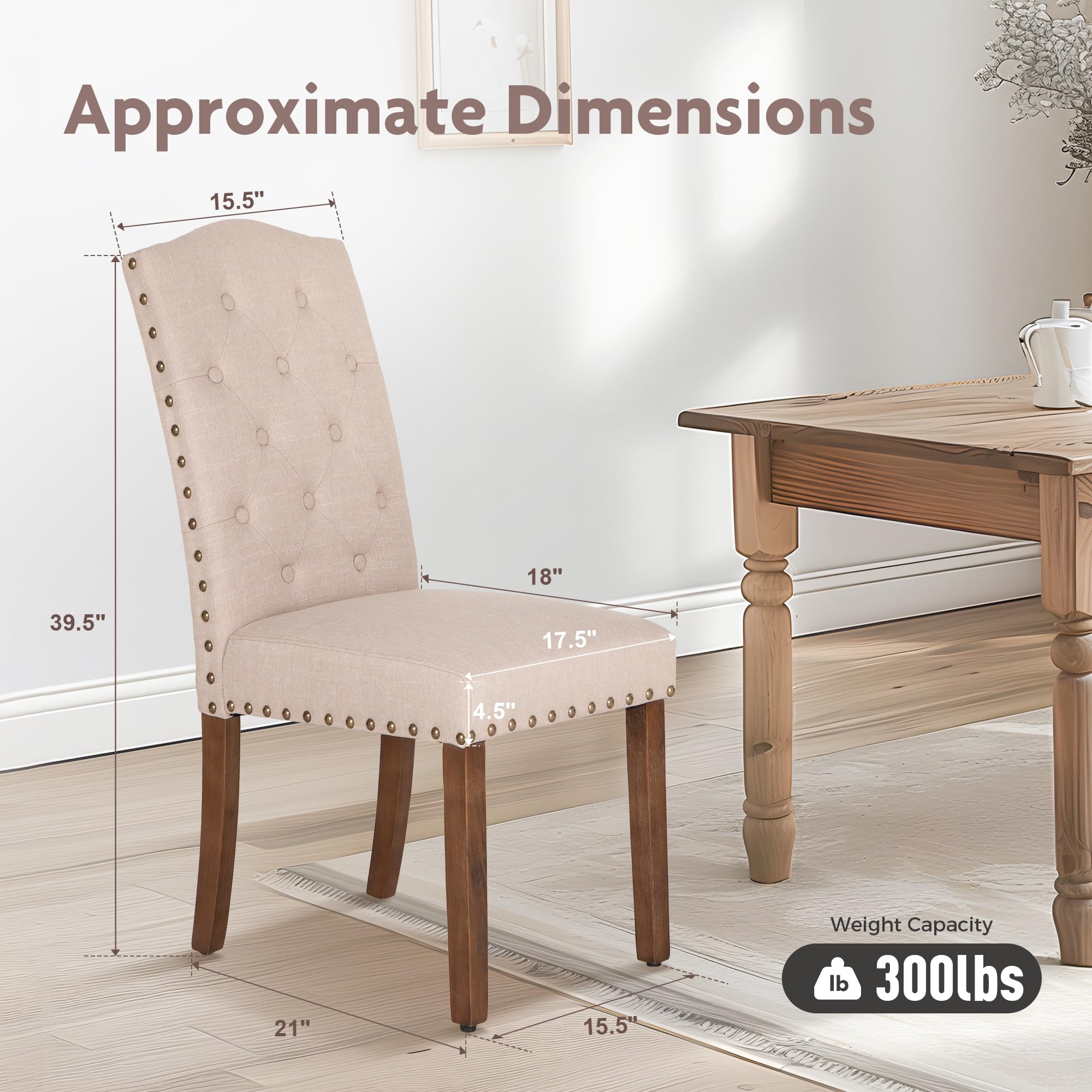 ALPHA HOME Dining Chairs Set of 2, Upholstered Dining Room Chairs, Tufted Kitchen Chairs with Solid Wood Legs and Tall Backrest, Fabric Padded Parson Chairs, Beige