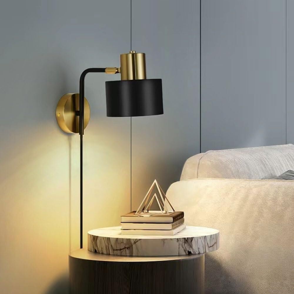 VUCICA Rotatable Gold Wall Lamp with Plug in Cord and Switch Plug in Wall Sconce Black Bedside Reading Light E27 Adjustable Modern Wall Lighting Fixture for Bedroom Bed Side Hotel Study Room