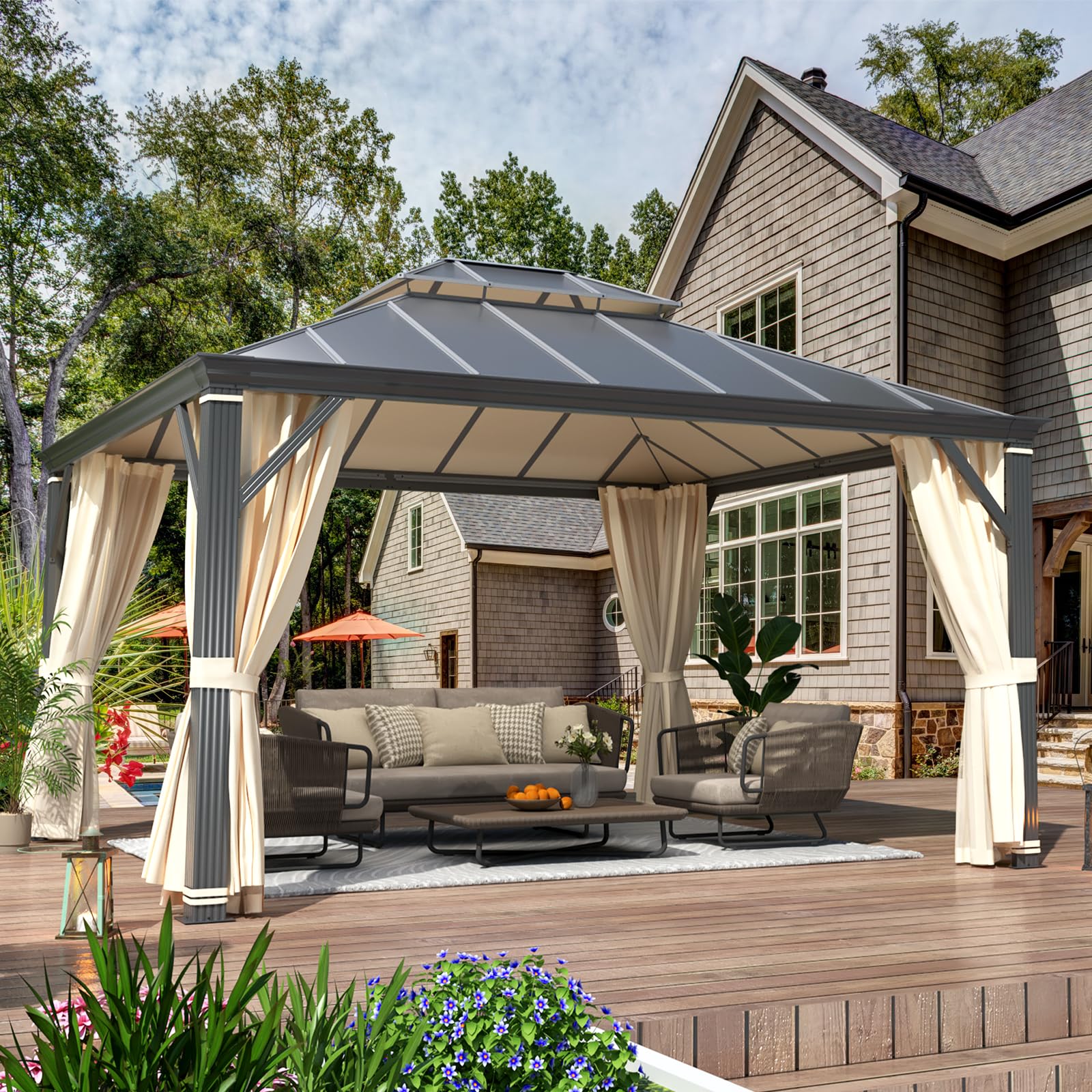 YOLENY 12'x14' Hardtop Gazebo, Permanent Outdoor Aluminum Patio Gazebo with Aluminum Composite Double Roof for Patio Lawn and Garden, Curtains and Netting Included