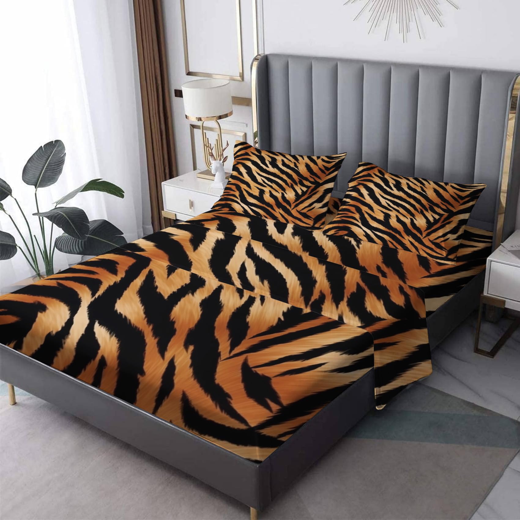 Tiger Print Sheets Full Size Sheet Sets - Animal Print Bed Sheets, Soft Microfiber & Deep Pocket & Wrinkle Free Patterned Bedding Sheets & Pillowcases, 1 Fitted Sheet, 1 Flat Sheet, 2 Pillow Cases