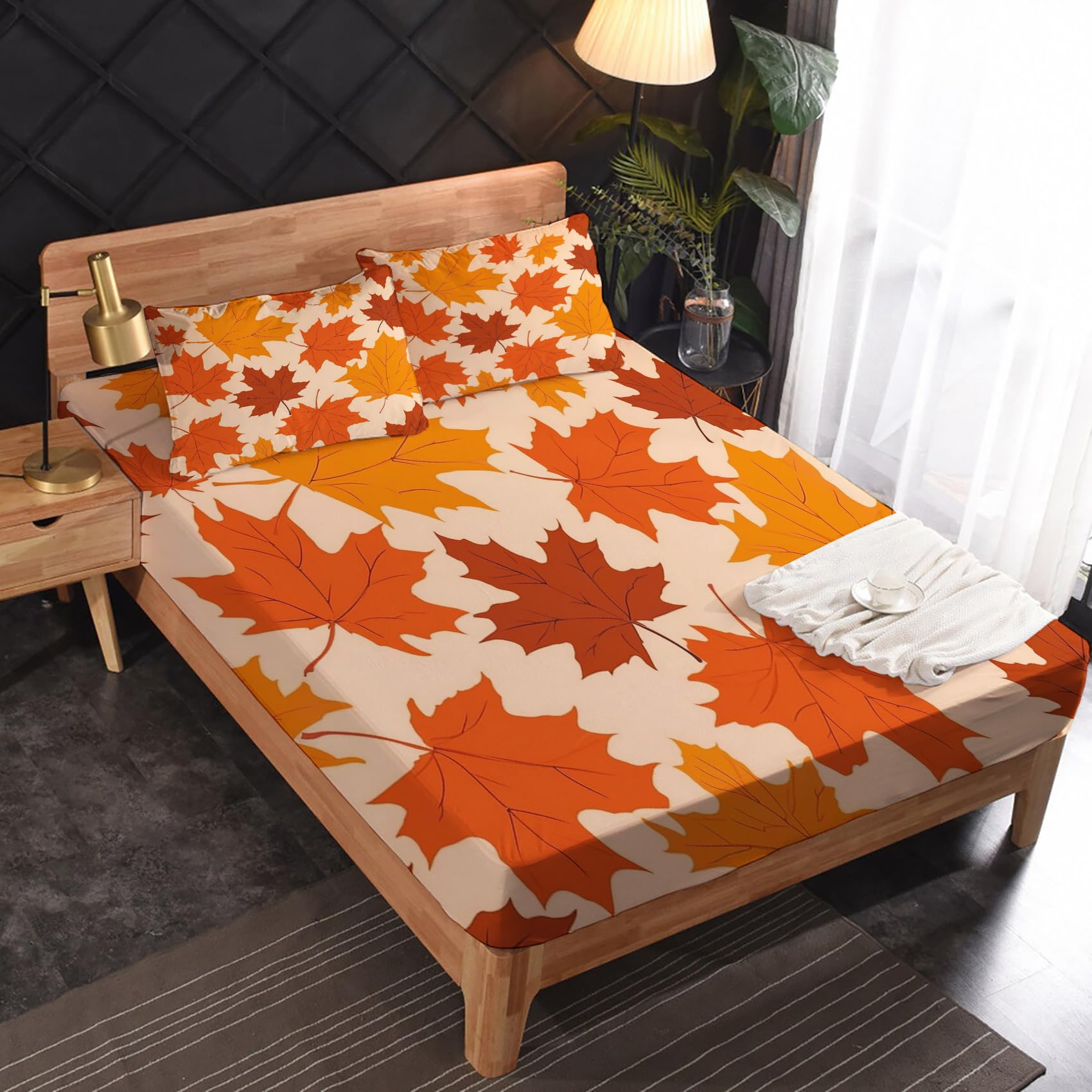 zcsm Fall Leaves Sheets Full Size Sheet Sets - Maple Leaf Bed Sheets, Soft Microfiber & Deep Pocket & Wrinkle Free Patterned Bedding Sheets & Pillowcases, 1 Fitted Sheet, 1 Flat Sheet, 2 Pillow Cases