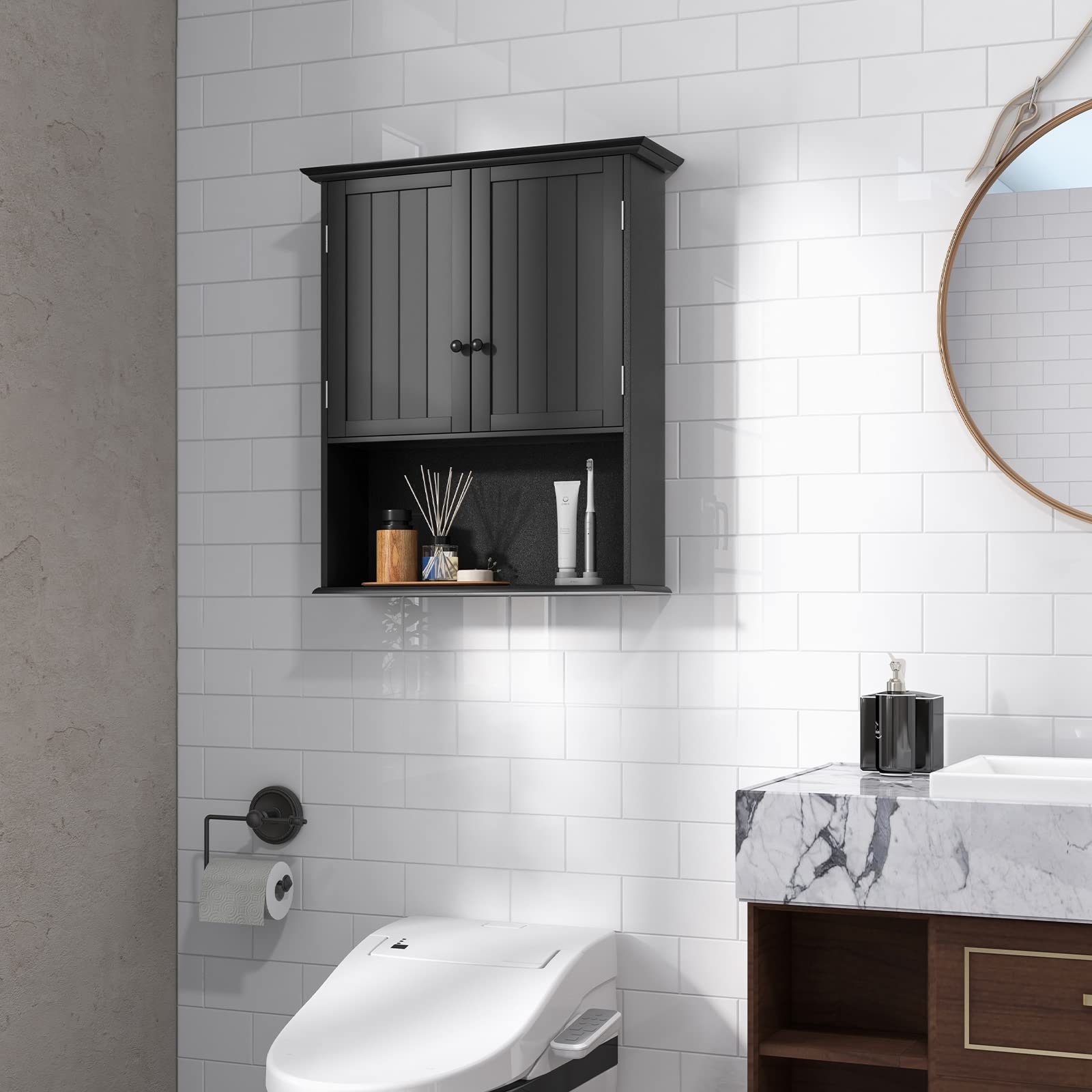 Byroce Bathroom Storage Cabinet Wall Mounted, Wooden Over The Toilet Space Saver with 2 Doors & Adjustable Shelf, Hanging Medicine Cabinets for Bathroom, Living Room, Kitchen (Black)