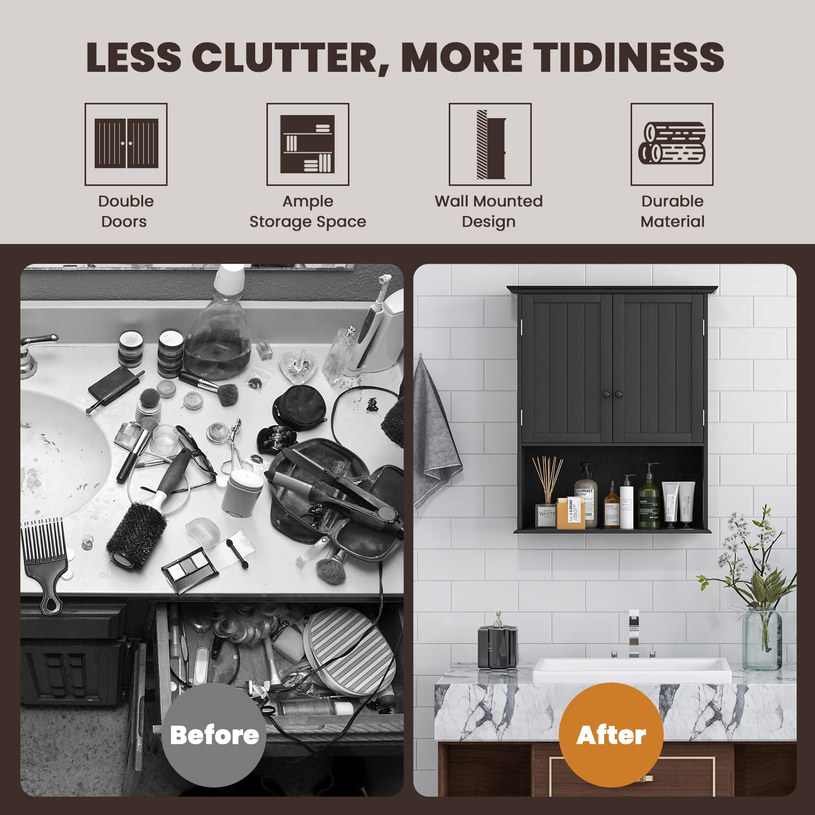 Byroce Bathroom Storage Cabinet Wall Mounted, Wooden Over The Toilet Space Saver with 2 Doors & Adjustable Shelf, Hanging Medicine Cabinets for Bathroom, Living Room, Kitchen (Black)