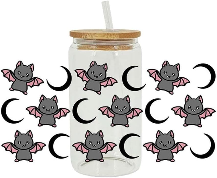 Gray Bat Halloween UV DTF Cup Wrap,Horror Printed Glass Cup Wrap,Cute Ghost Pumpkin Waterproof Cup Wraps Sticker Tumbler Wrap Transfers Decal Rub on Transfers Iron-on Transfers