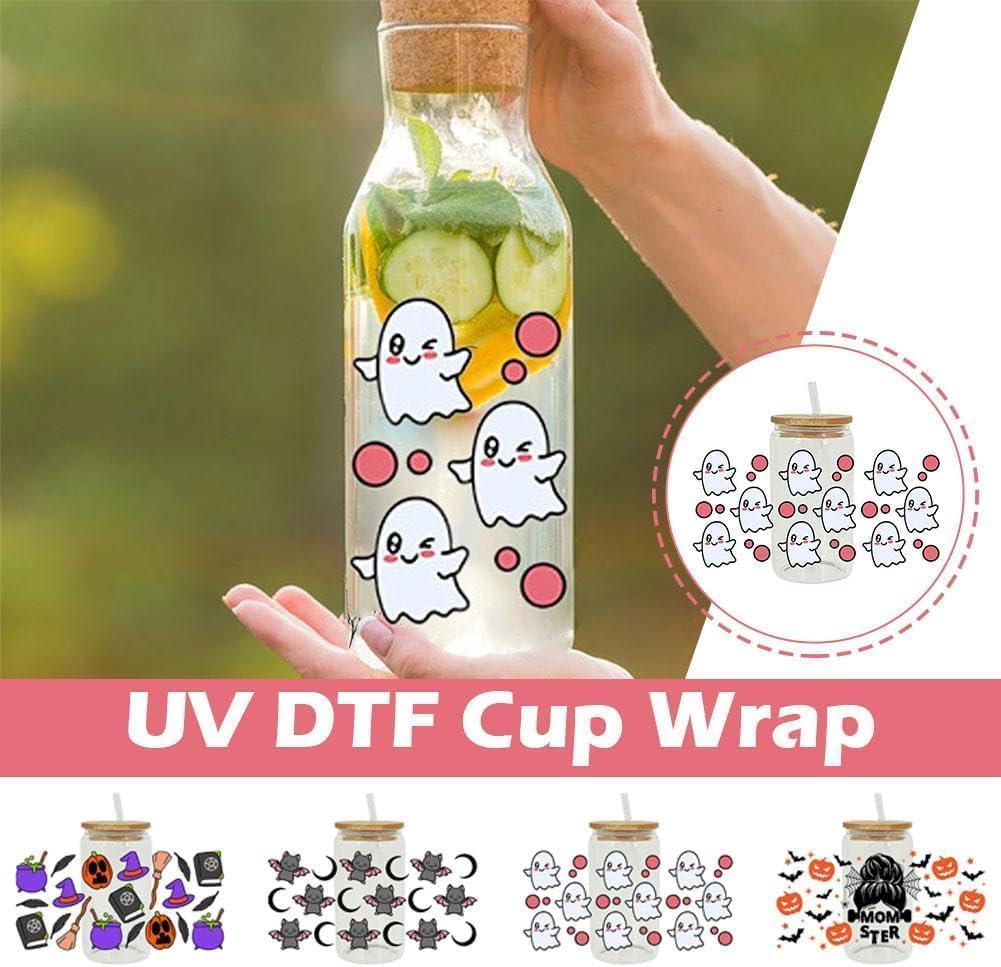 Gray Bat Halloween UV DTF Cup Wrap,Horror Printed Glass Cup Wrap,Cute Ghost Pumpkin Waterproof Cup Wraps Sticker Tumbler Wrap Transfers Decal Rub on Transfers Iron-on Transfers