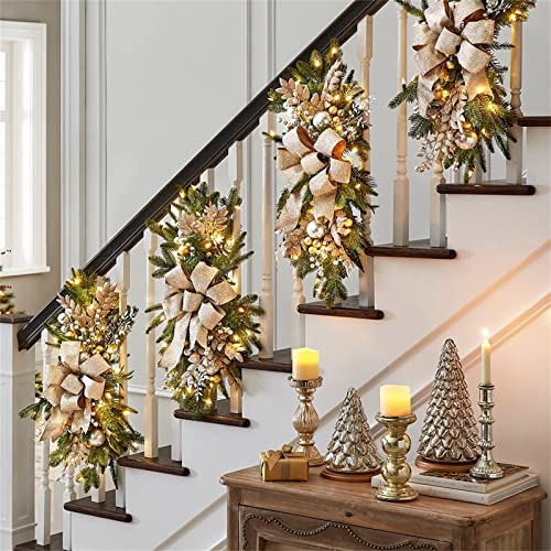 1pcs Cordless Prelit Stairway Swag Trim,Christmas Swag Wreaths for Front Door Holiday Wall Window Hanging Ornaments for Indoor Outdoor Home Xmas Decor (Gold)