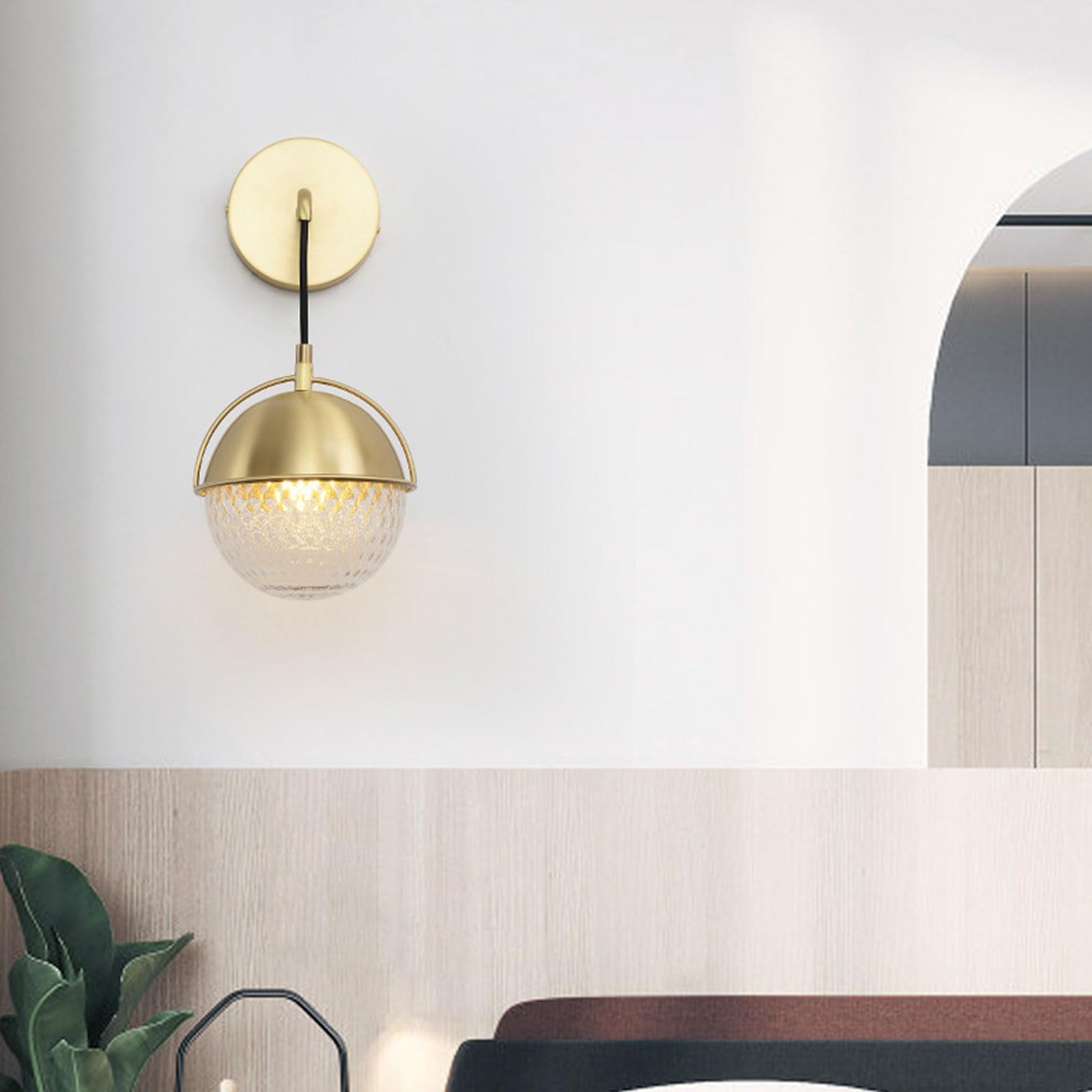 AAMNA Industrial Wall Light Fixtures with Globe Glass Shade, Indoor LED Wall Sconces Minimalist Modern Wall Lamp, Cordless Brass Wall Lamp for Bathroom Hallway Kitchen Mirror
