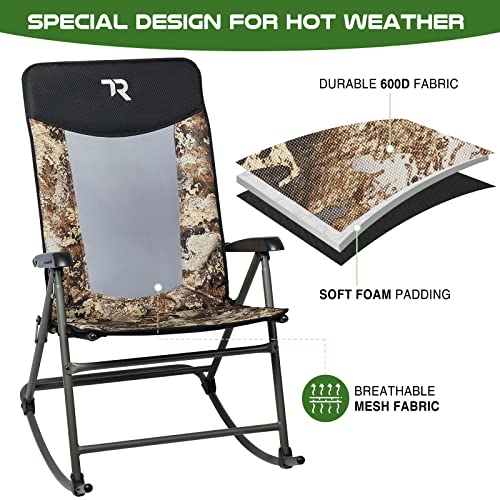 TR Foldable Rocking Chair 3-Position Recliner Camping Chair Padded Rocker Chair Outdoor Portable Heavy Duty High Back Hard Armrest Mesh Back 300 lbs for Patio Home, Camo