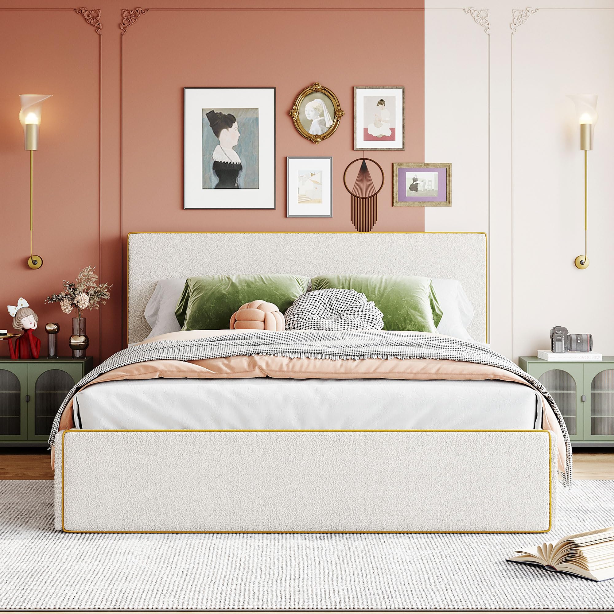 Queen Size Bed Frame with 4 Storage Drawers, Modern Upholstered Platform Bed with White Edge On The Headboard & Footboard, Wood Slat Support, No Box Spring Needed (White-Queen)